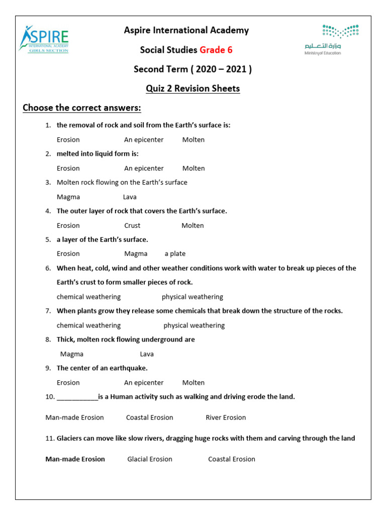 Grade 6 Social Studies Quiz Revision | PDF | Erosion | Lava