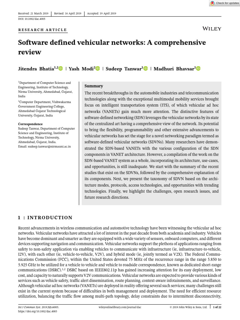 Int J Communication - 2019 - Bhatia - Software Defined Vehicular Networks A Comprehensive Review ...