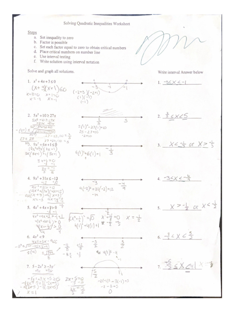 Solving Quadratic Inequalities Worksheet | PDF