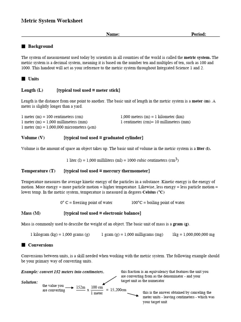 Metric System Worksheet | PDF | Temperature | Kilogram