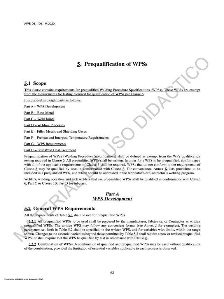 007 AWS D1.1-D1.1M-2020 Clause 5 Prequalification of WPSs | PDF