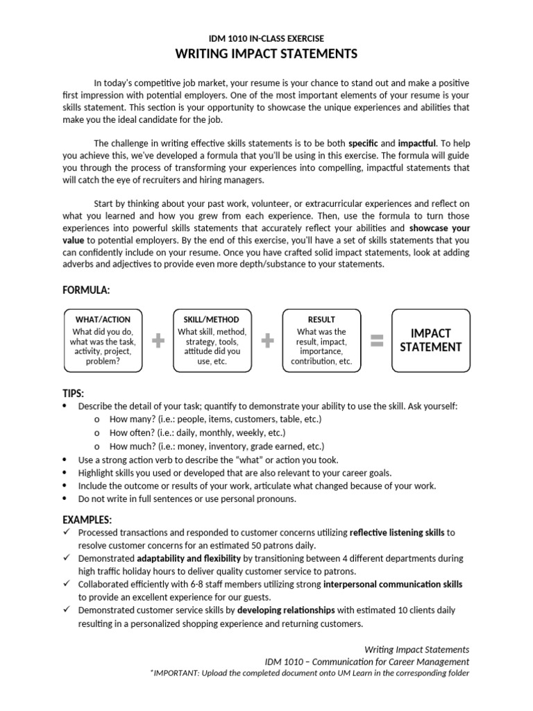 In-Class Exercise Writing Impact Statements | PDF | Communication | Résumé