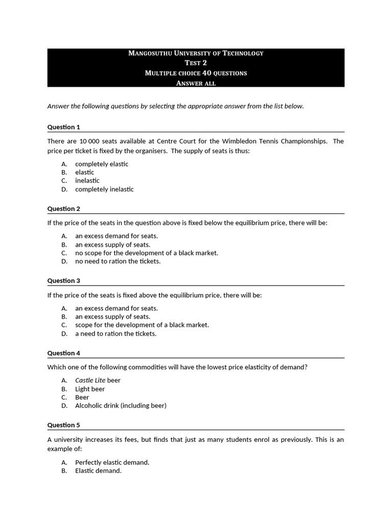 Economics Test 2 Multiple Choice 2018 | PDF | Elasticity (Economics ...