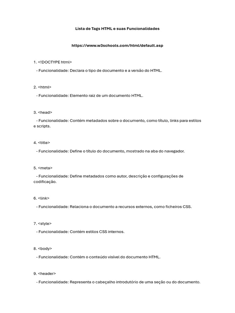 Lista de Tags HTML e Suas Funcionalidades | PDF | Html | Elemento HTML