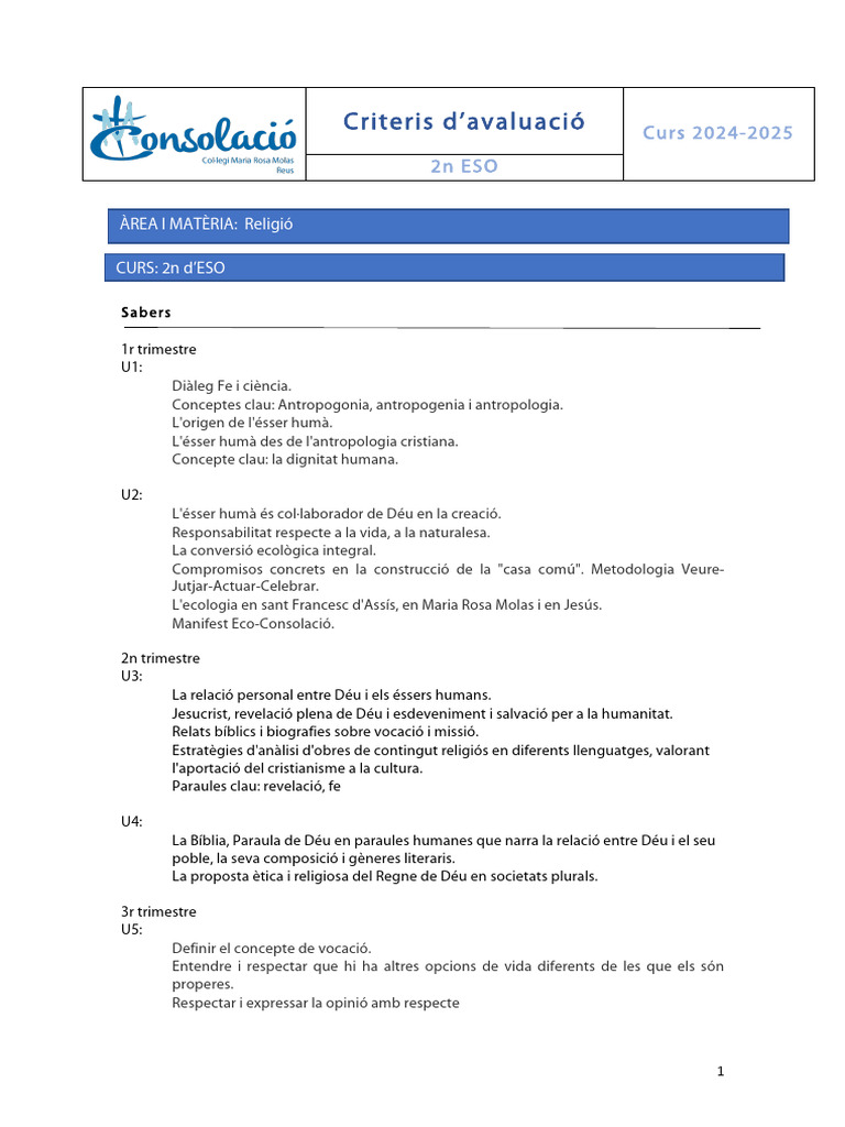RELIGIO769 2n ESO Criteris Avaluacio769 2024 25 | PDF