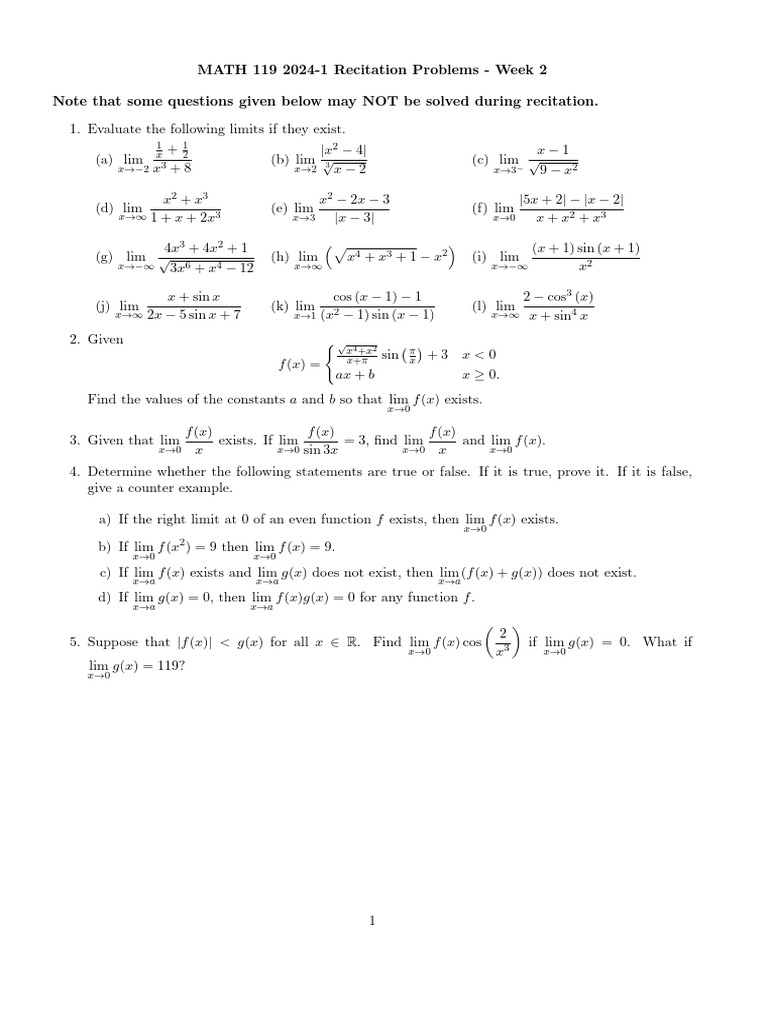 MATH 119 Week 2 Recitation Limits Problems | PDF