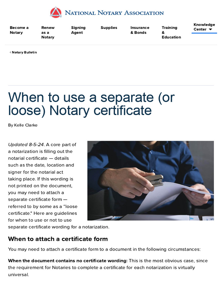 When To Use A Separate (Or Loose) Notary Certificate - NNA - 1 | PDF | Notary Public | Signature
