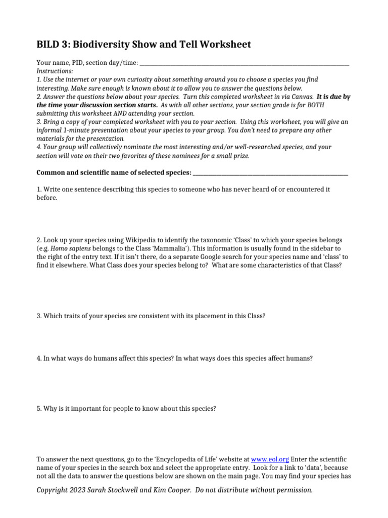 Biodiversity Show and Tell Worksheetdocx | PDF | Food Web | Species