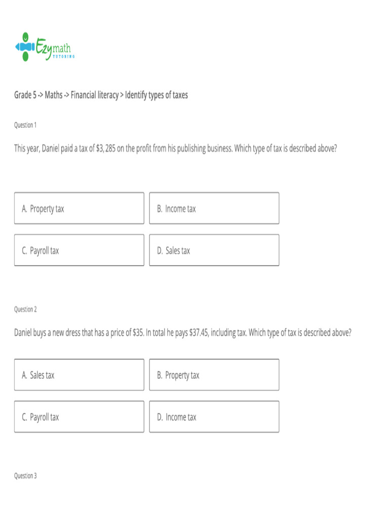 Year 5 - Maths Worksheet - Financial Literacy - Identify Types of Taxes ...