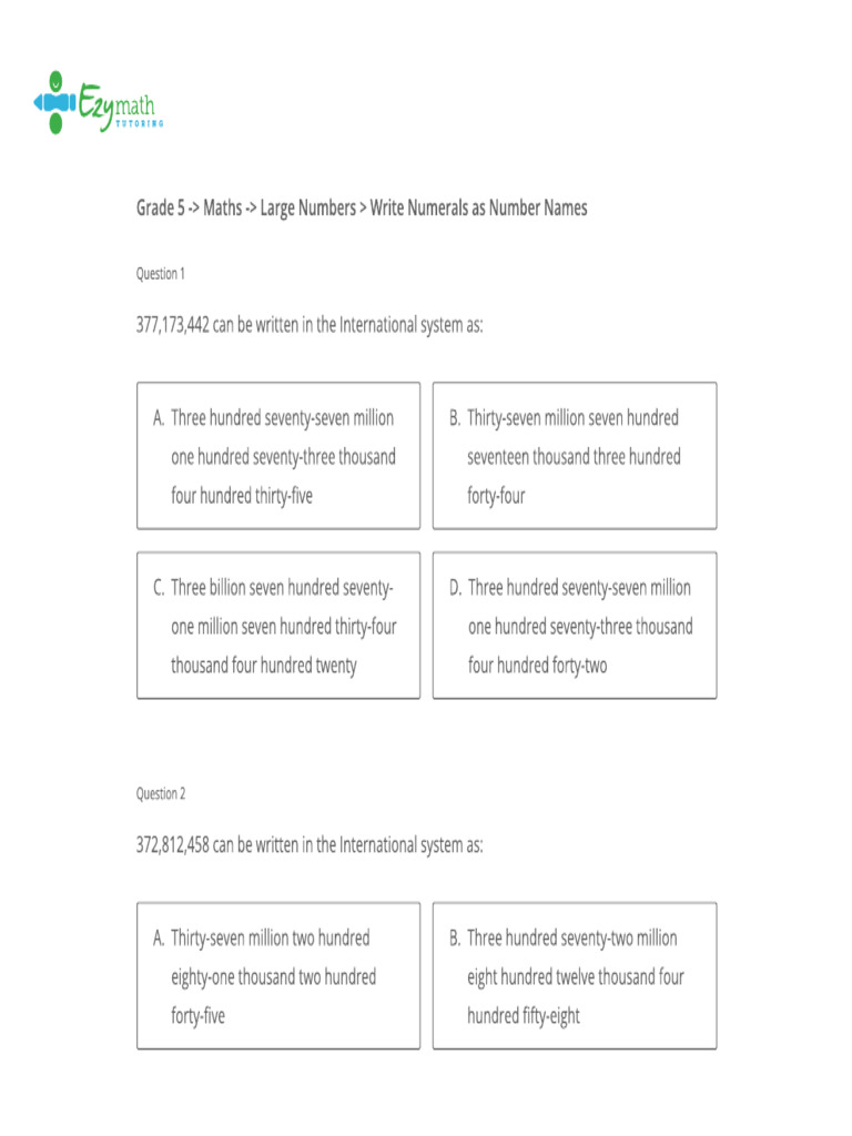 Year 5 - Maths Worksheet - Large Numbers - Write Numerals As Number ... Year 5 - Maths Worksheet - Large Numbers - Write Numerals As Number ...