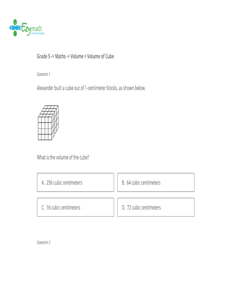 Year 5 - Maths Worksheet - Volume - Volume of Cube | PDF