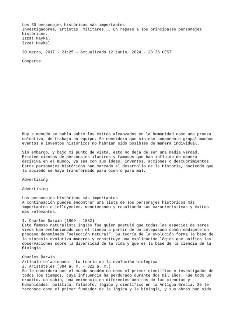 Personajes Mas Importantes de La Historia | PDF | Evolución | Platón