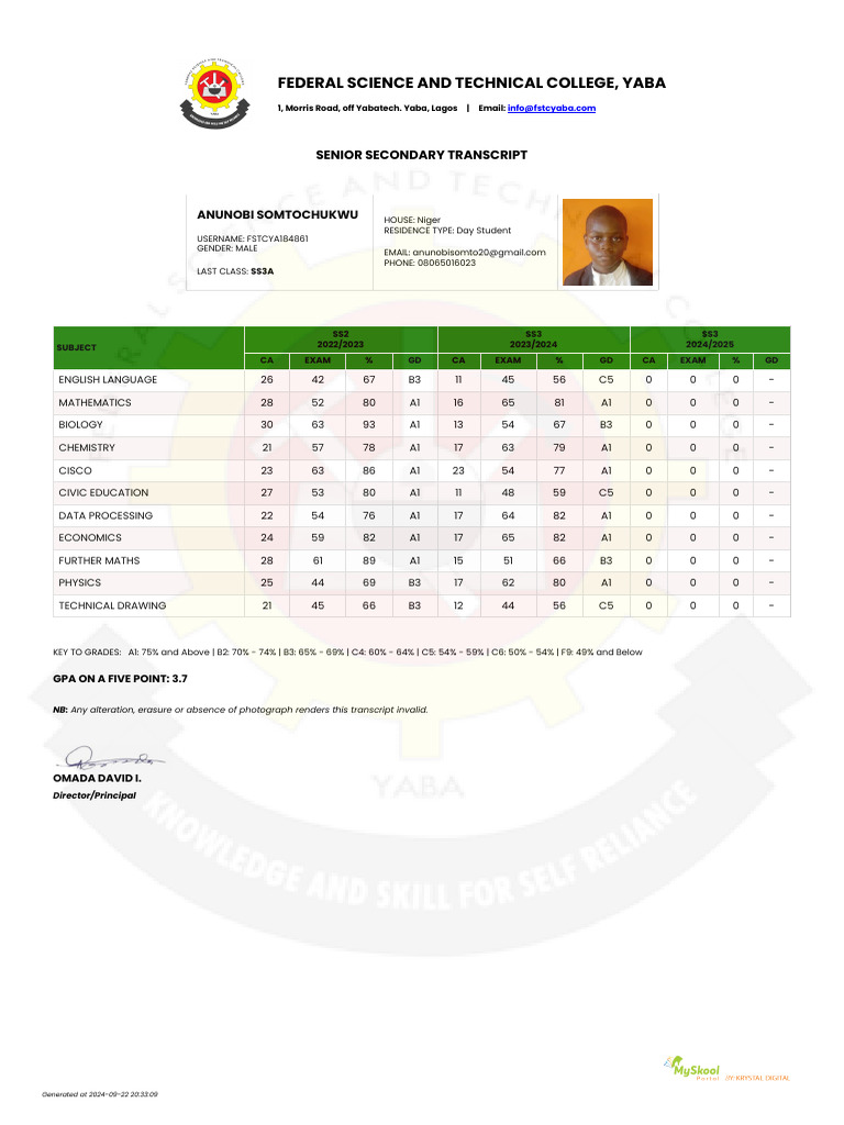 Federal Science and Technical College, Yaba: Anunobi Somtochukwu | PDF