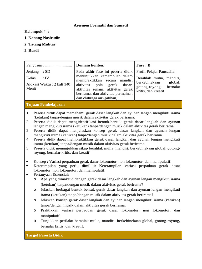 Contoh Asesmen Formatif PJOK SD | PDF