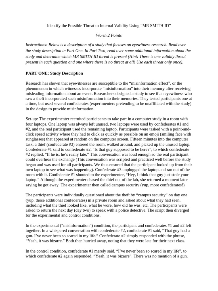 Validity Threats (Eyewitness) - Student Blank Sheet | PDF