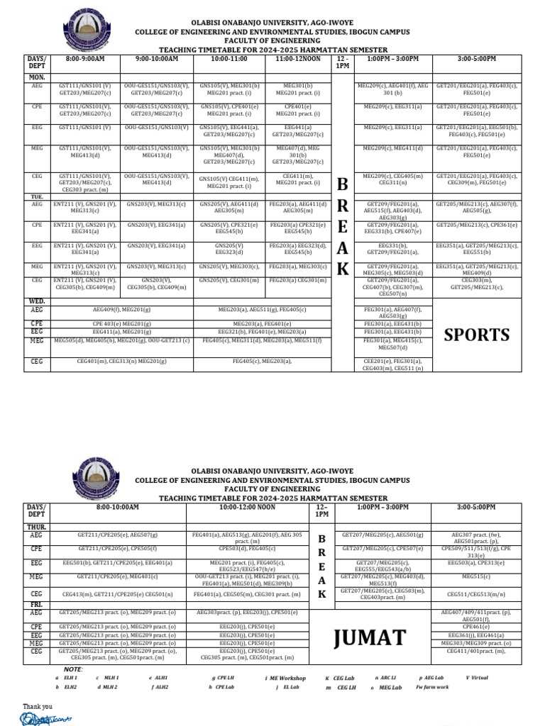 UPDATED FACULTY OF ENGINEERING_2024-2025 HARMATTAN SEMESTER TEACHING TIME TABLE | PDF