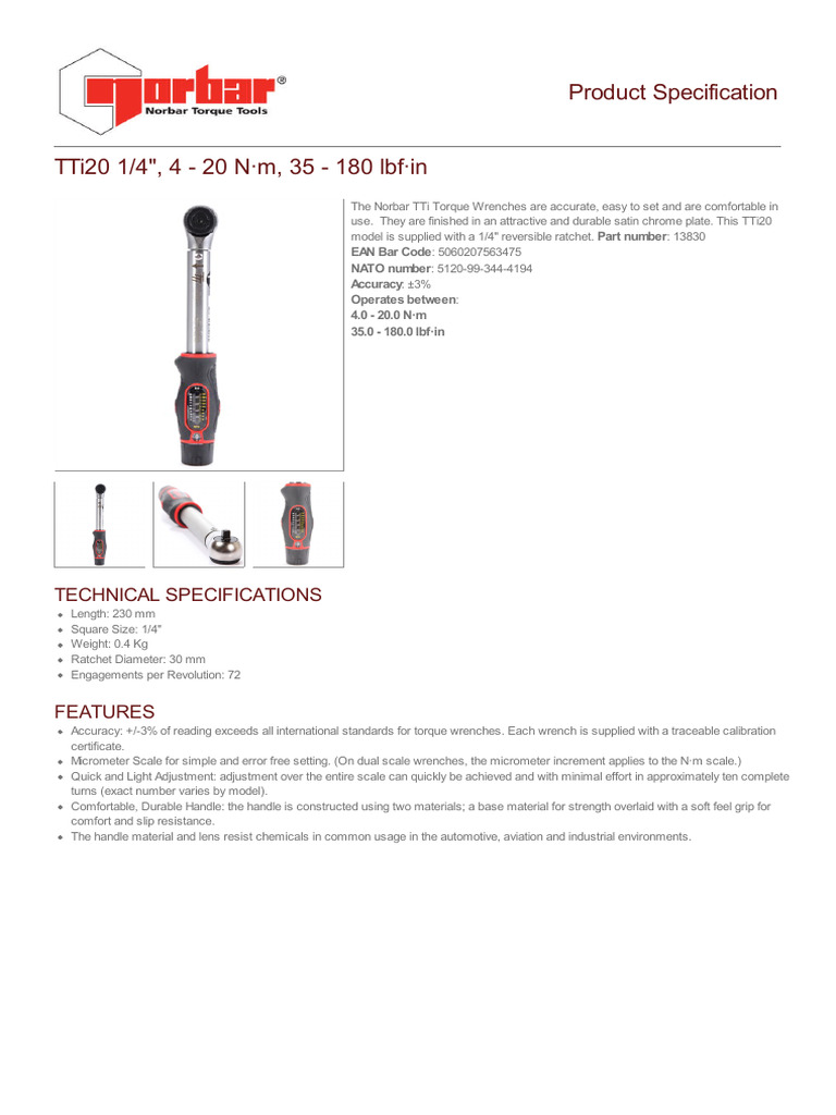 Norbar TTi20 Torque Wrench 13830 Specs | PDF | Technology & Engineering