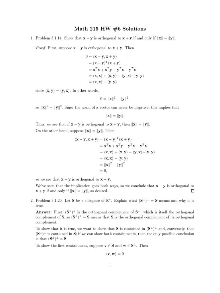 hw6solutions | PDF | Linear Subspace | Matrix (Mathematics)