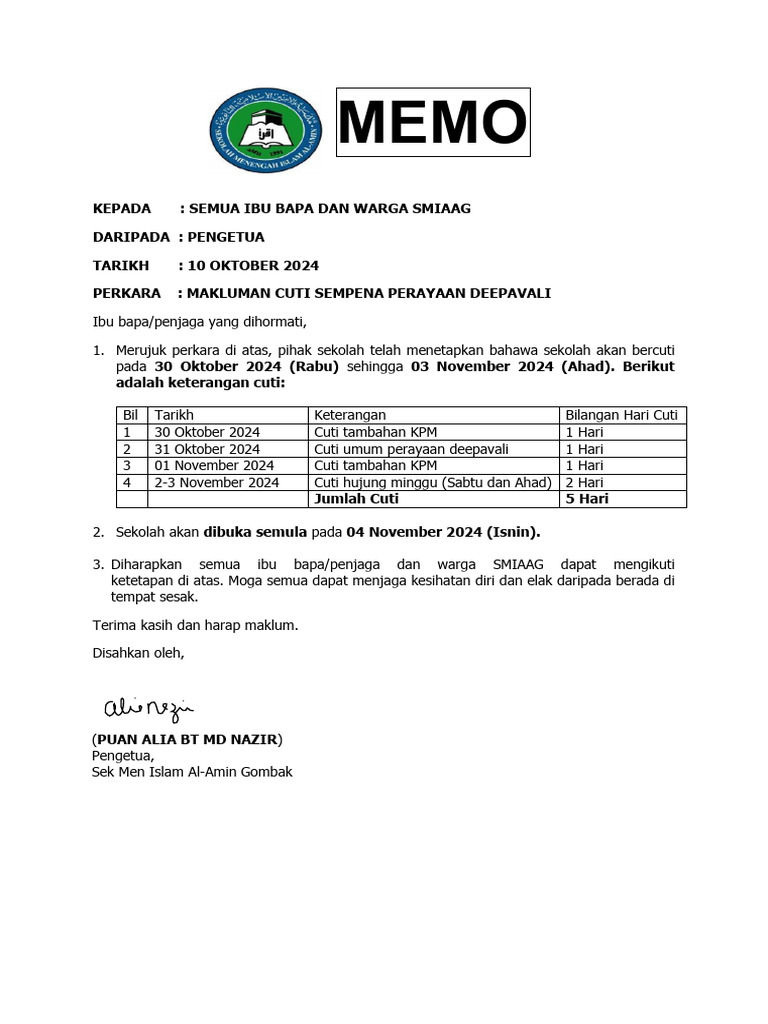 Memo Cuti Deepavali 2024 | PDF