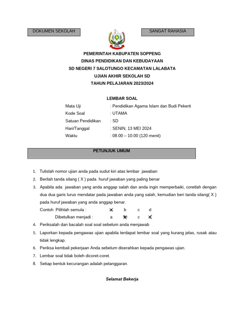 SOAL US PAI KLS 6 _2024 DAN KUNCI | PDF