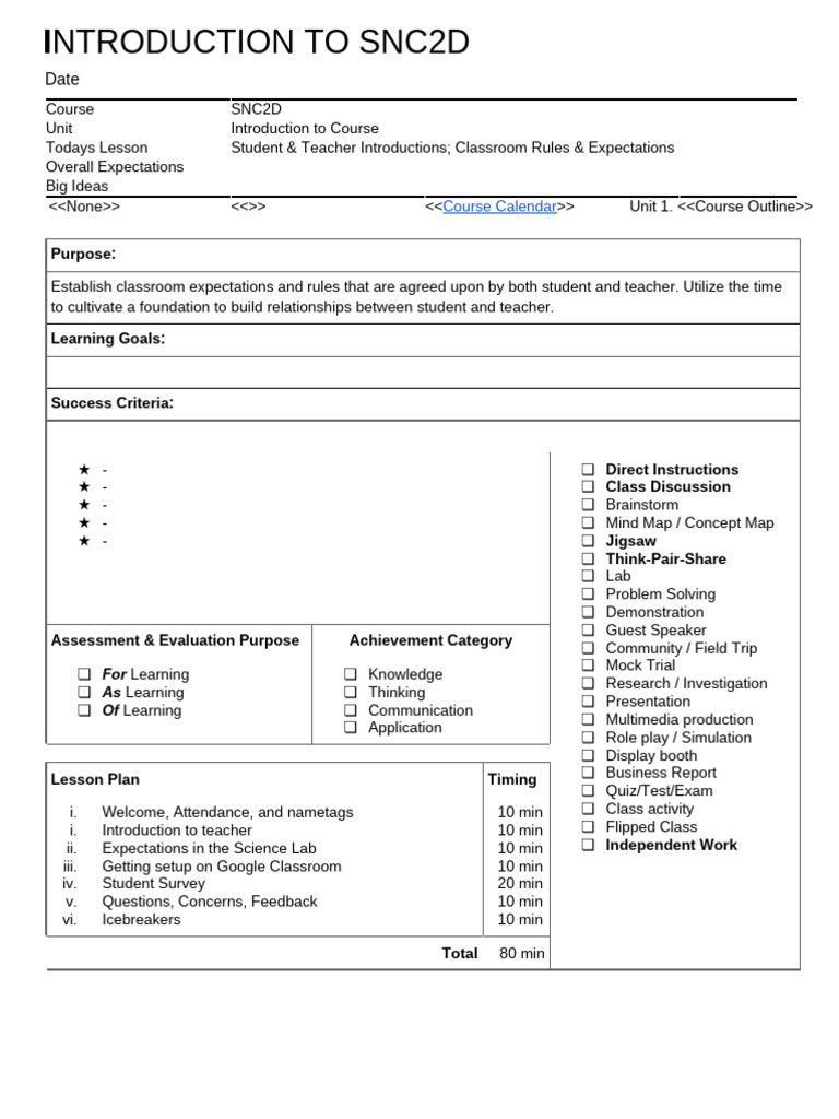 0.1 Introduction To SNC2D | PDF | Educational Assessment | Teachers