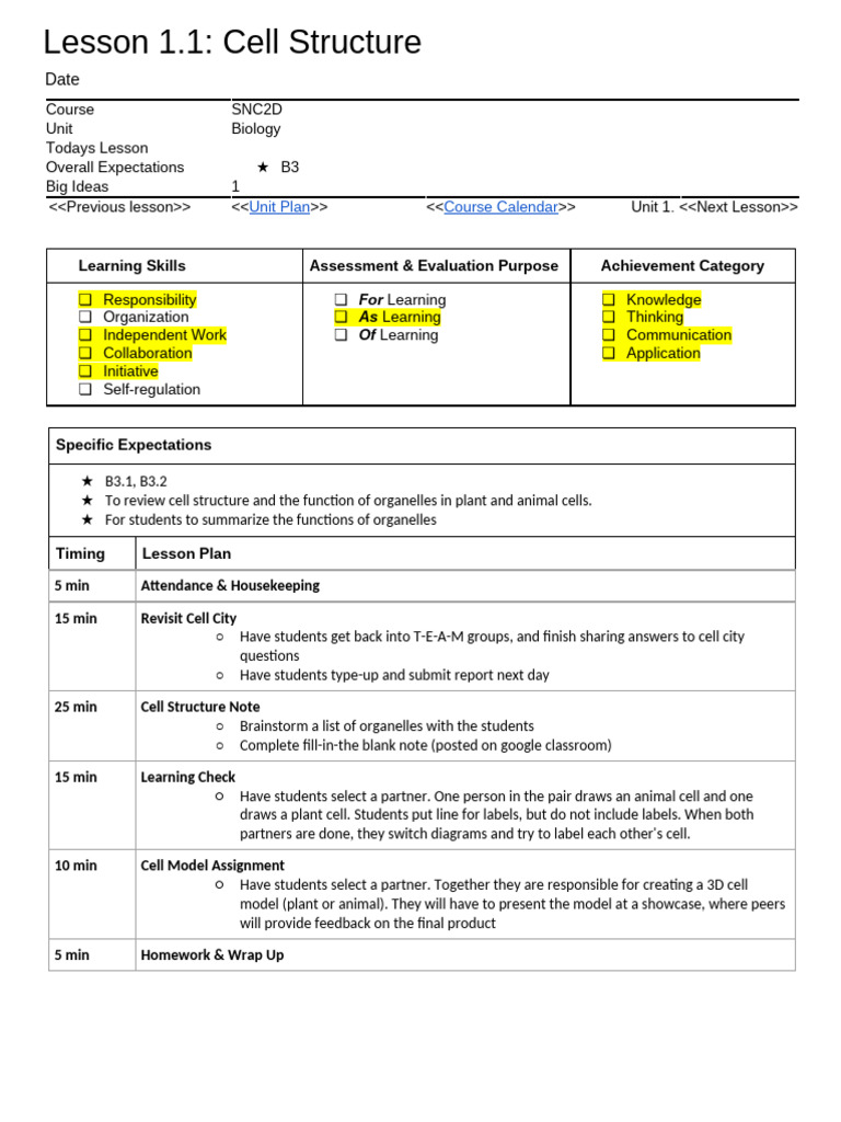 L1.1_ Cell Structure | PDF | Learning | Cell (Biology)