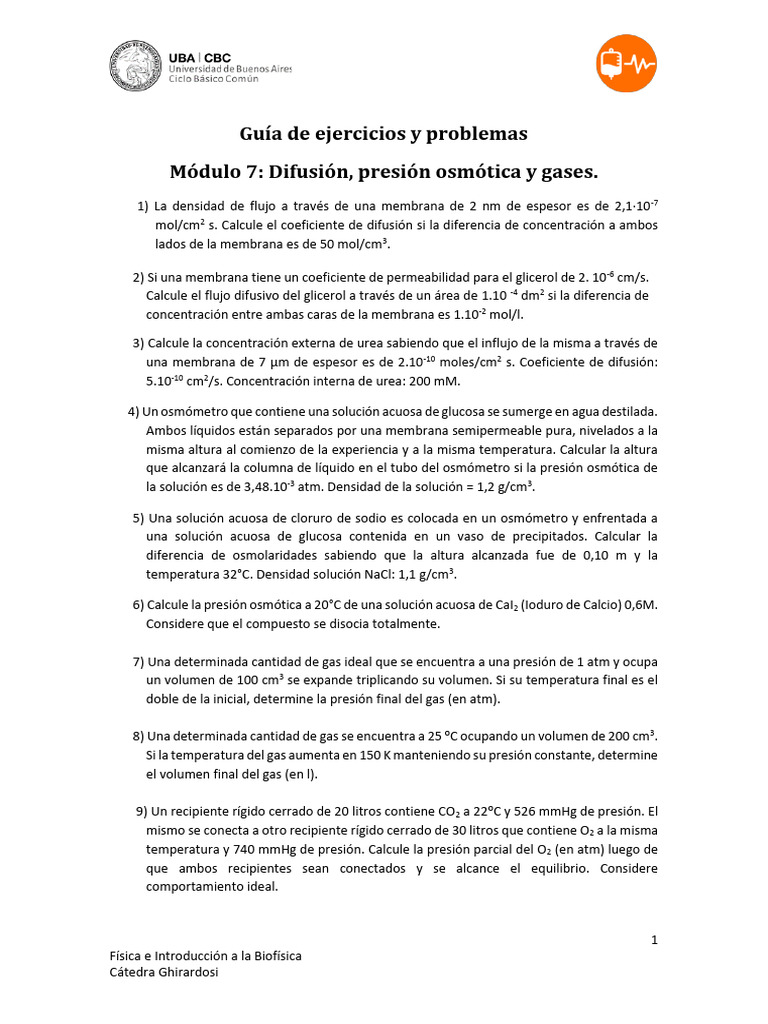 MÓDULO 7. Guía de Ejercicios y Problemas (2024) | PDF | Ósmosis | Gases