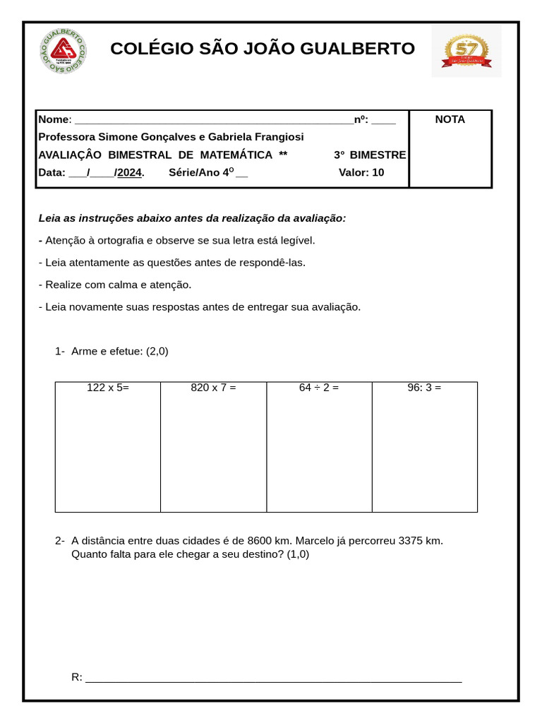 Avaliação Bimestral De Matemática 4º Ano Pdf