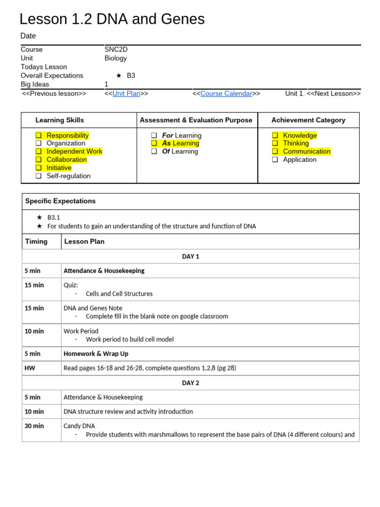 L1.2 DNA and Genes | PDF | Learning | Lesson Plan