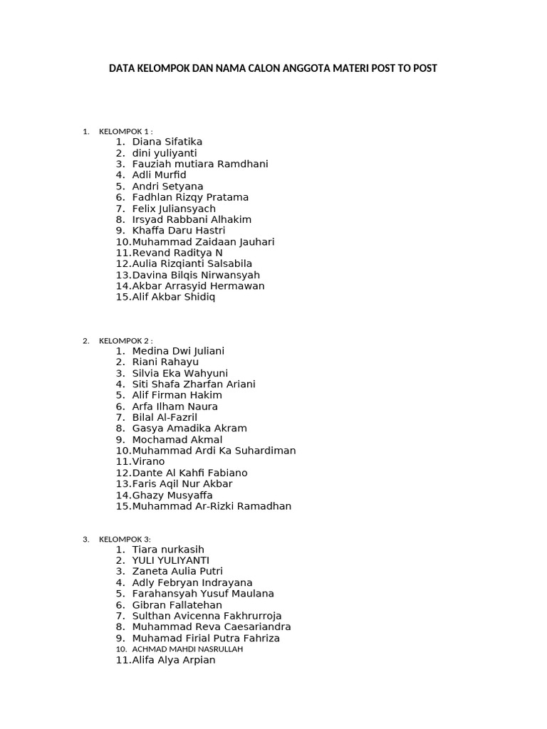 Data Kelompok Dan Nama Calon Anggota Materi Post To Post Revisi | PDF ...