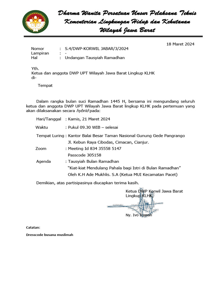 Undangan Tausyiah Ramadhan 2024 KLHK | PDF