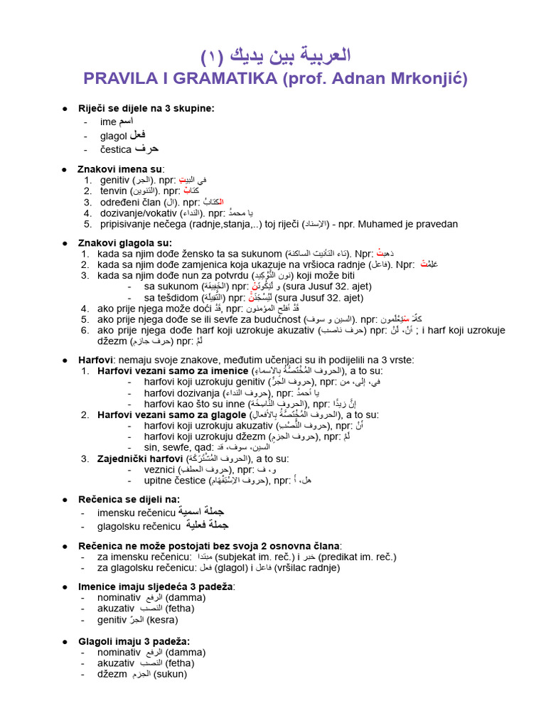 Arapski Jezik 1. Knjiga - Šejh Adnan Mrkonjić - Pravila I Gramatika | PDF