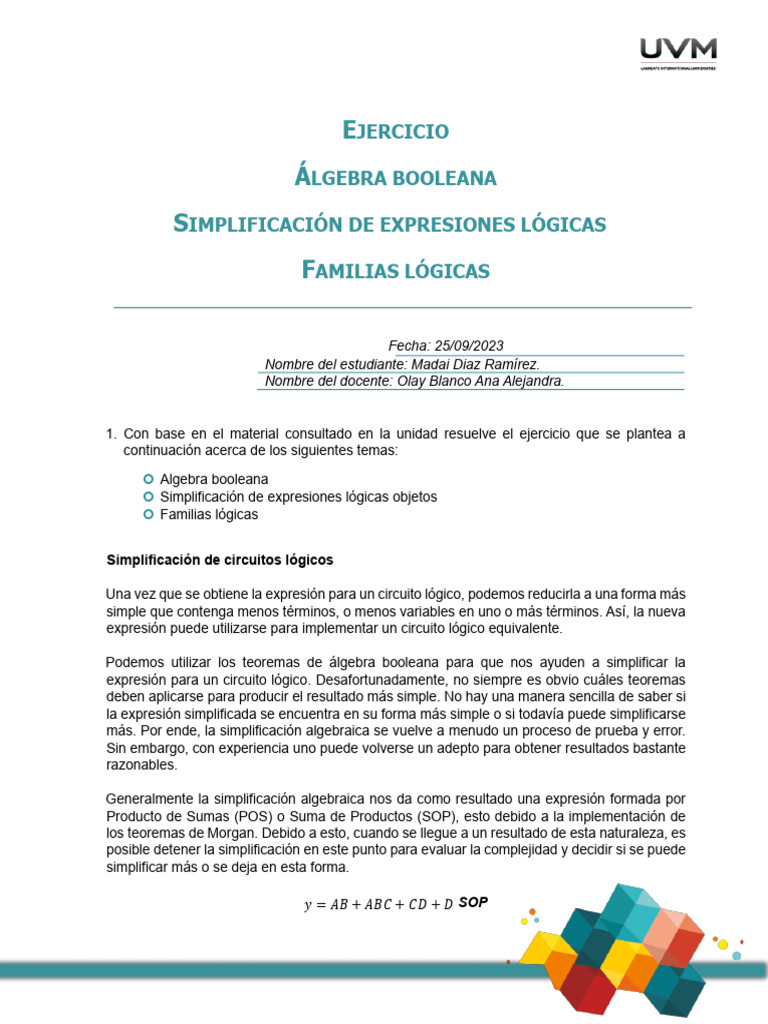 Jercicio Lgebra Booleana Implificación de Expresiones Lógicas Amilias Lógicas | PDF | Álgebra de ...