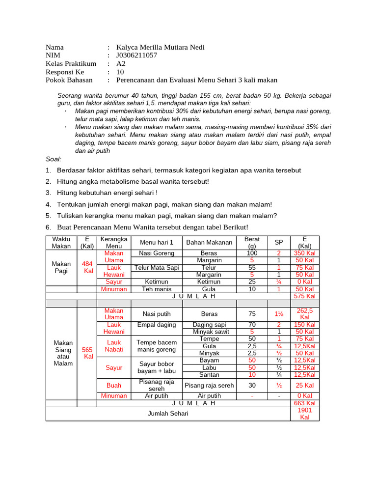 Lembar Kerja Responsi 10 Perencanaan Dan Evaluasi Menu Sehari 3 Kali Makan | PDF