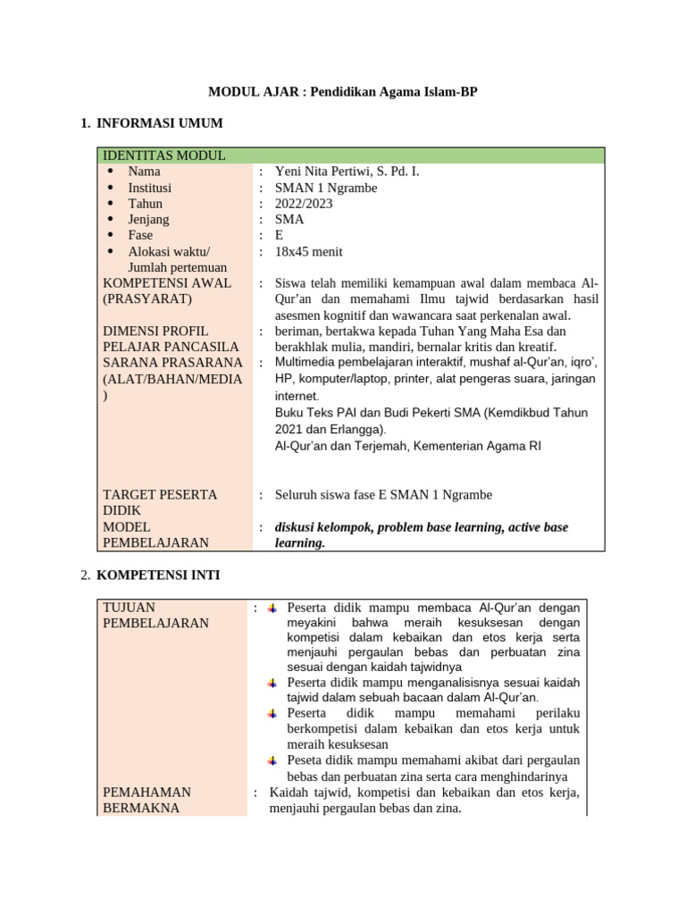 MODUL AJAR Kelas X Ganjil Al-Qur'An | PDF | Karier & Perkembangan