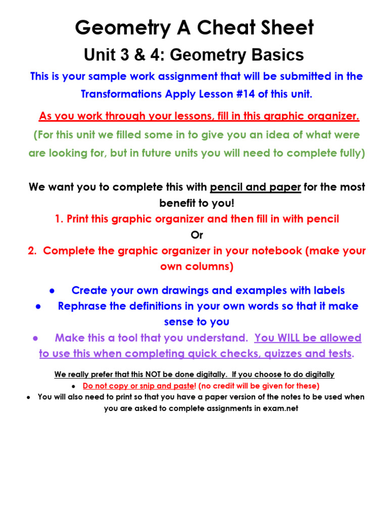 John Bob Johnson Unit 3 and 4 Geometry A Cheat Sheet (Partially Filled ...