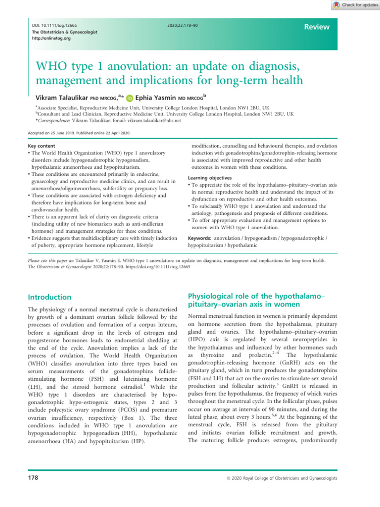 The Obstetric Gynaecologis 2020 Talaulikar WHO Type 1 Anovulation | PDF ...