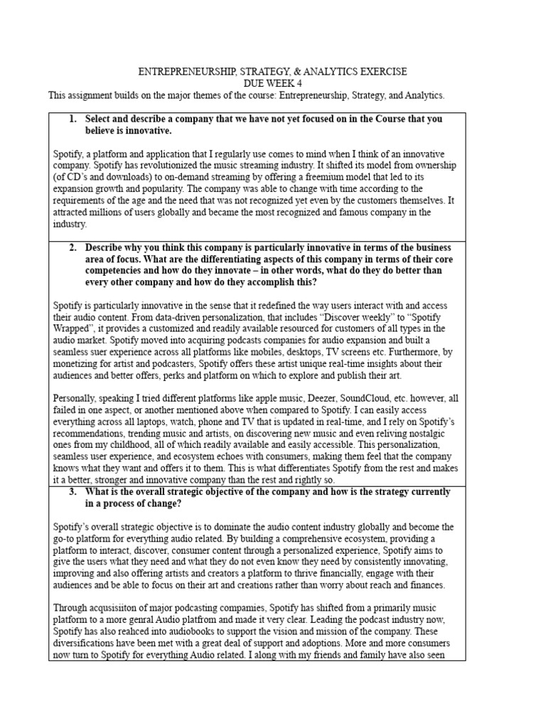 Asgmt 1 Entrepreneurship, Strategy, Analytics Exercise | PDF | Spotify ...