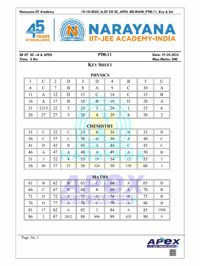 19-10-2024 - SR IIT - JEE APEX - Jee Main MODEL - PTM-11 - KEY&SOL | PDF