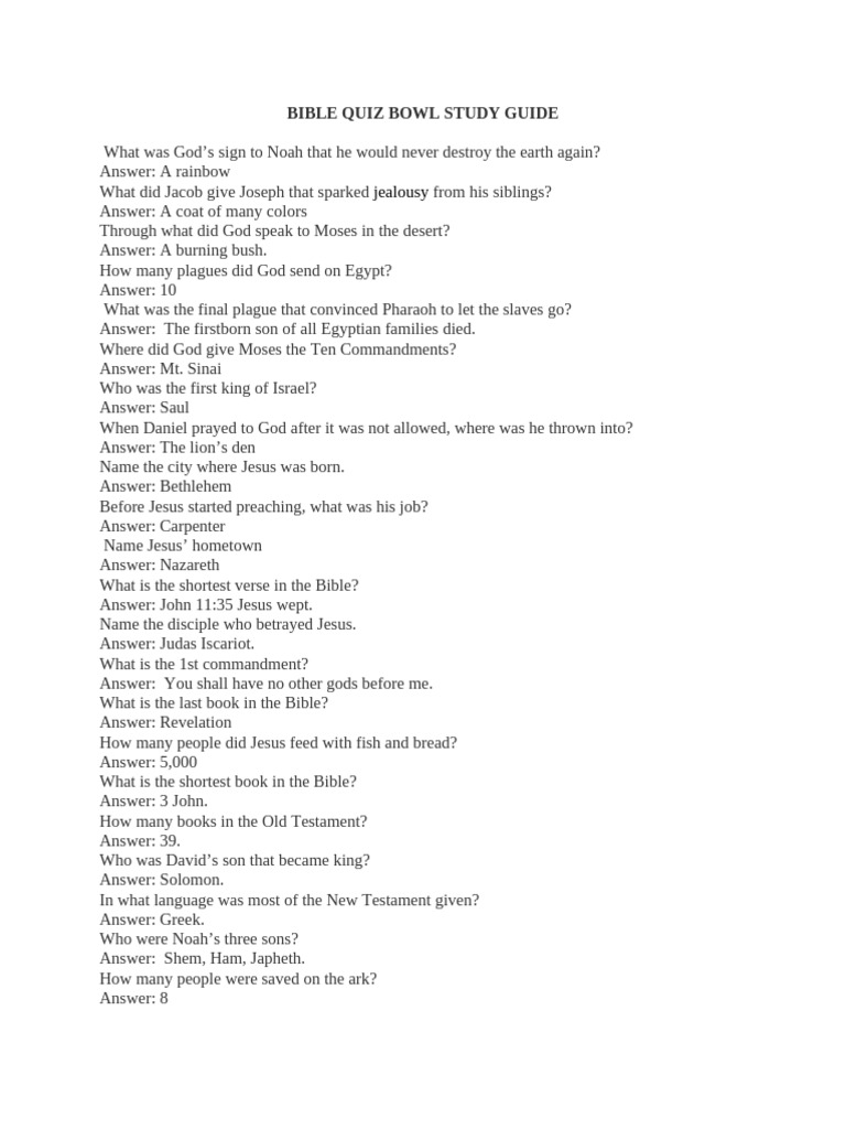 Bible Quiz Bowl Study Guide | PDF | Moses | David