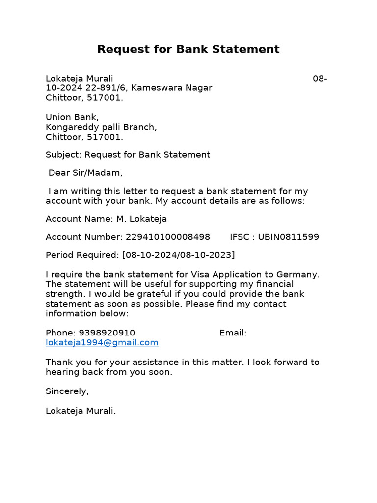 Request for Visa Bank Statement | PDF