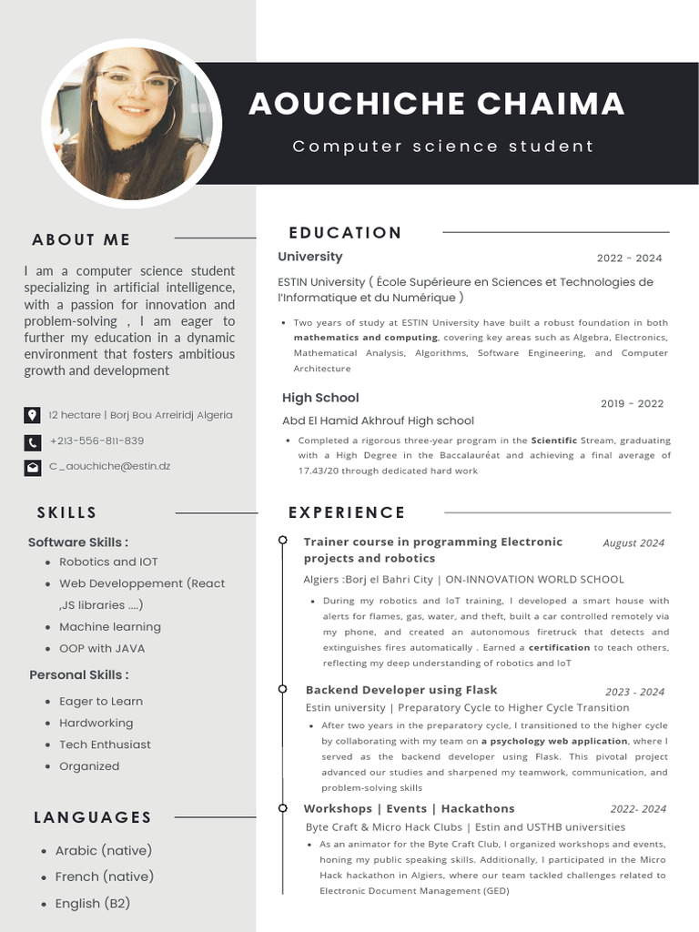 Education and Skills of Chaima Aouchiche | PDF | Internet Of Things | Robotics