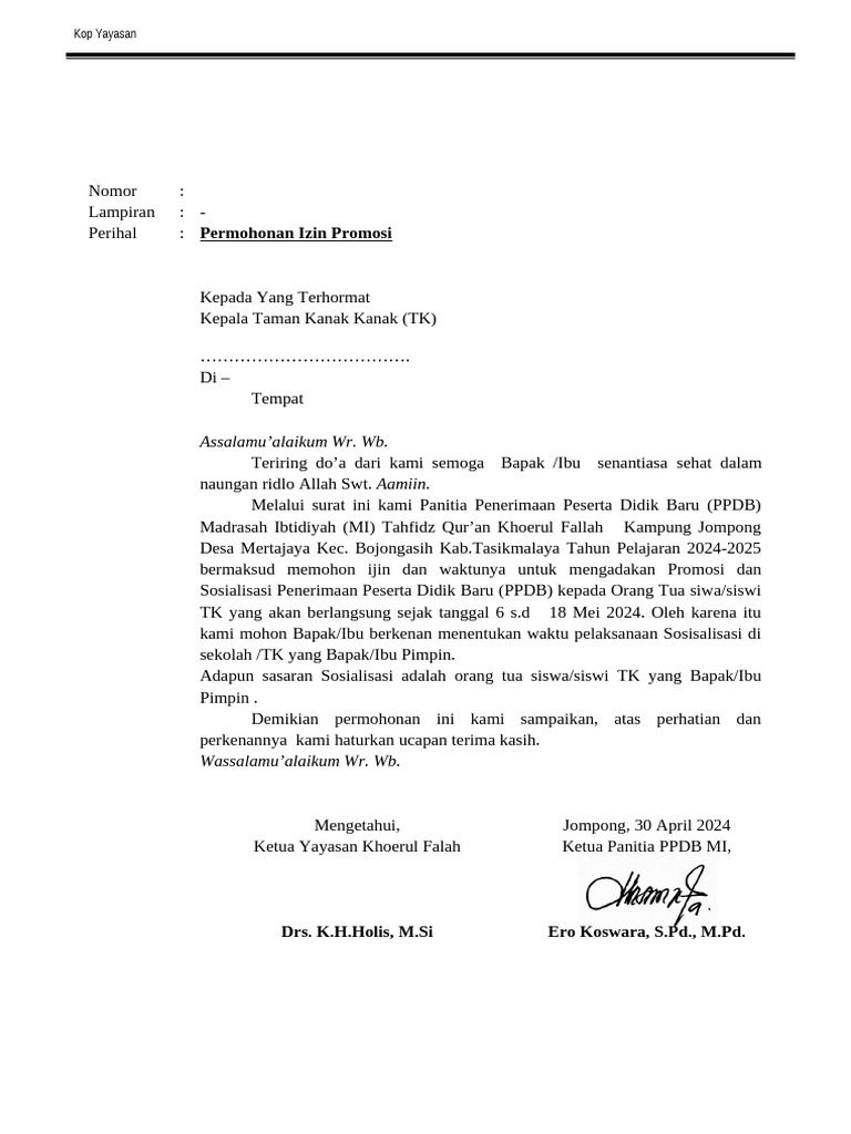 Izin Promosi Ke Sekolah Tanpa Nama | PDF | Karier & Perkembangan ...