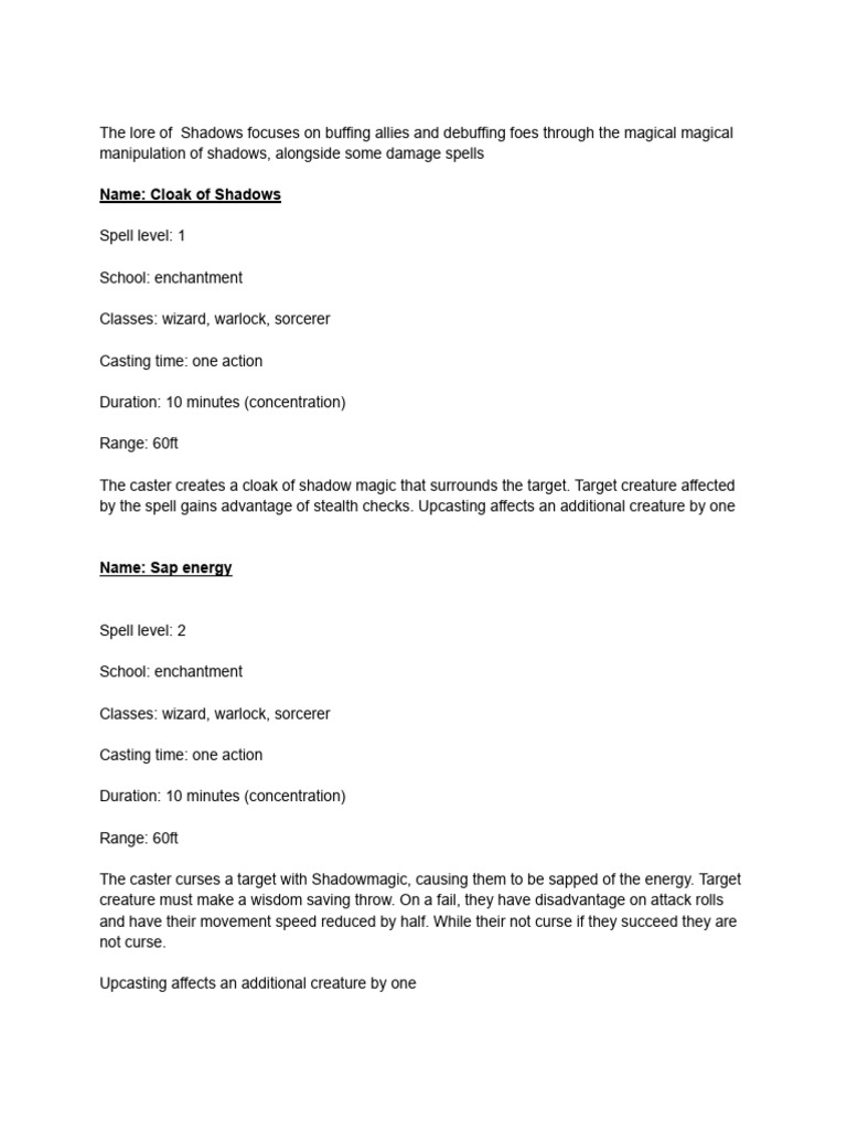 Lore of Shadow Magic DND 5e | PDF | Magician (Fantasy)