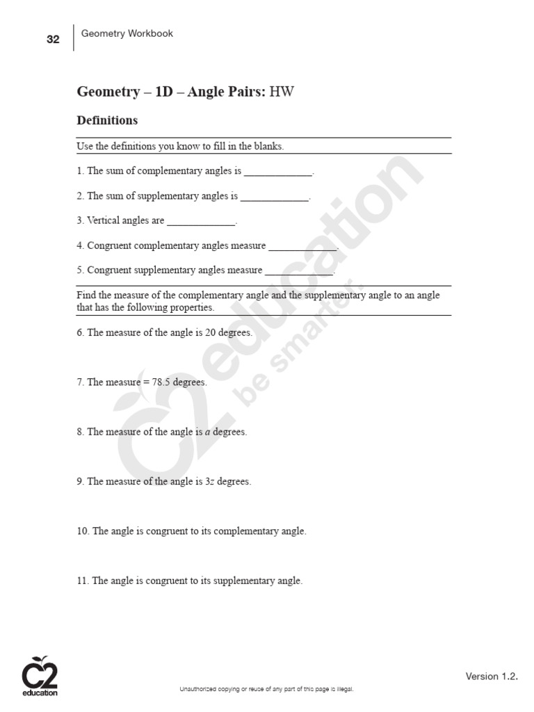 Geometry - 1D (HW) Angle Pairs | PDF | Angle | Mathematics