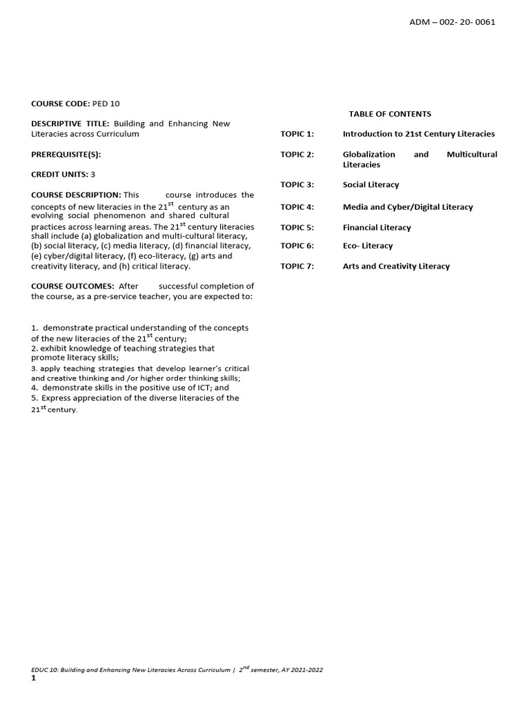 PED10-HANDOUTS | PDF | Literacy | Teachers