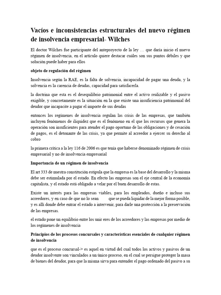 Vacíos e Inconsistencias Estructurales Del Nuevo Régimen de Insolvencia ...