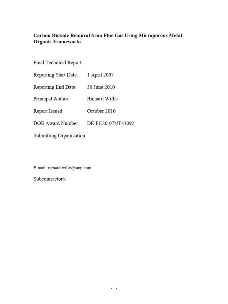 Carbon Dioxide Removal From Flue Gas Using UOP Microporous MOF | PDF | Adsorption | Organic ...
