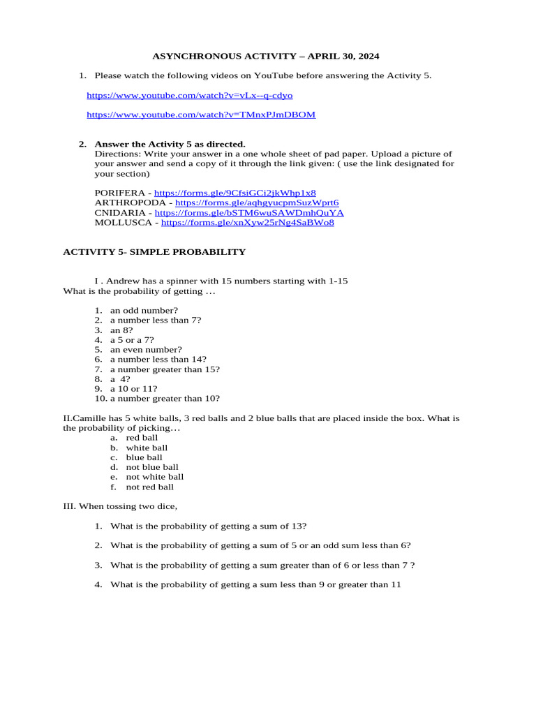 Activity 5 Simple Probability | PDF | Sports & Recreation