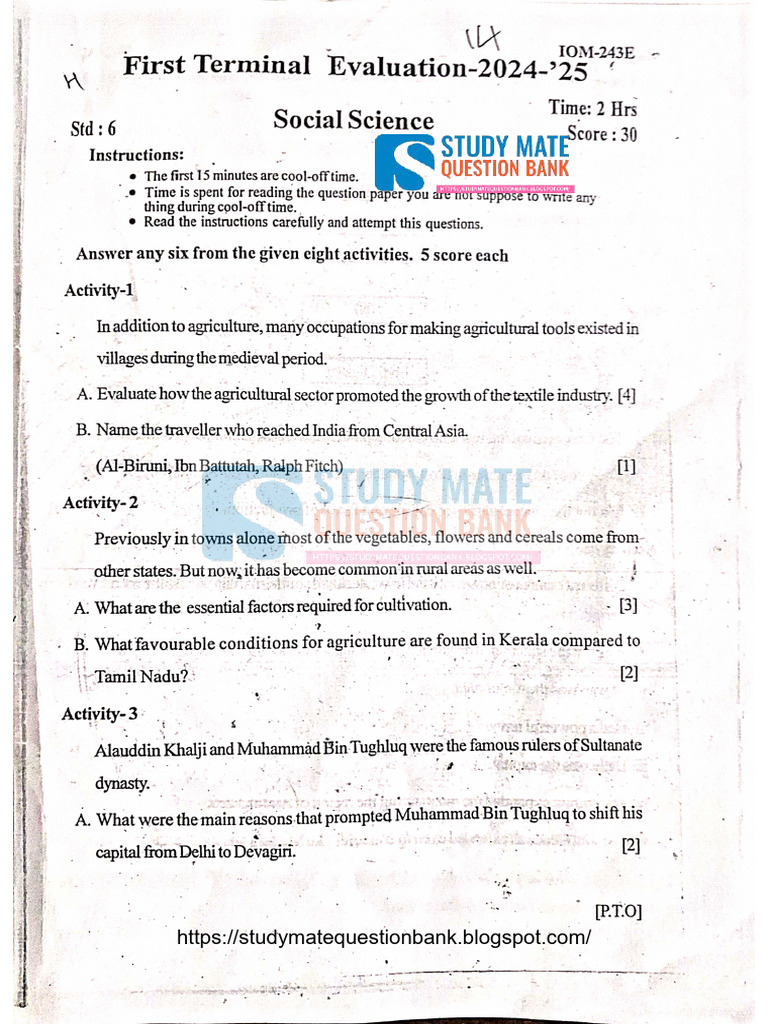 Study Mate Question Bank - Class 6 Social Science (EM) - First Term Model Exam Questionpaper-2 | PDF